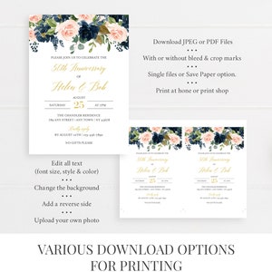 Blush Navy Gold Floral Editable Anniversary Party Invitation, Pink Blue ...