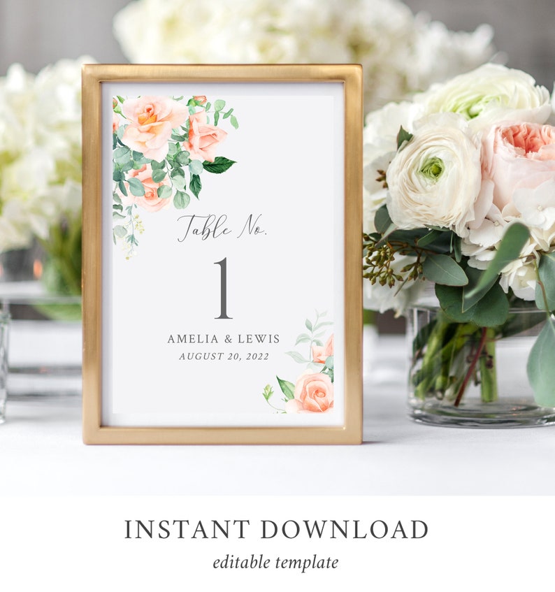 Peach Rose Editable Table Numbers Printable Peach Floral - Etsy