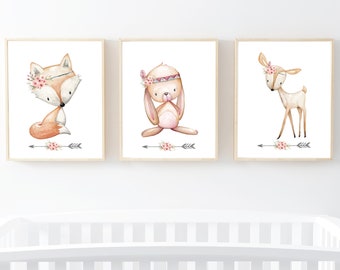 Woodland Animals Boho Printable Nursery Art Forest Animals | Etsy