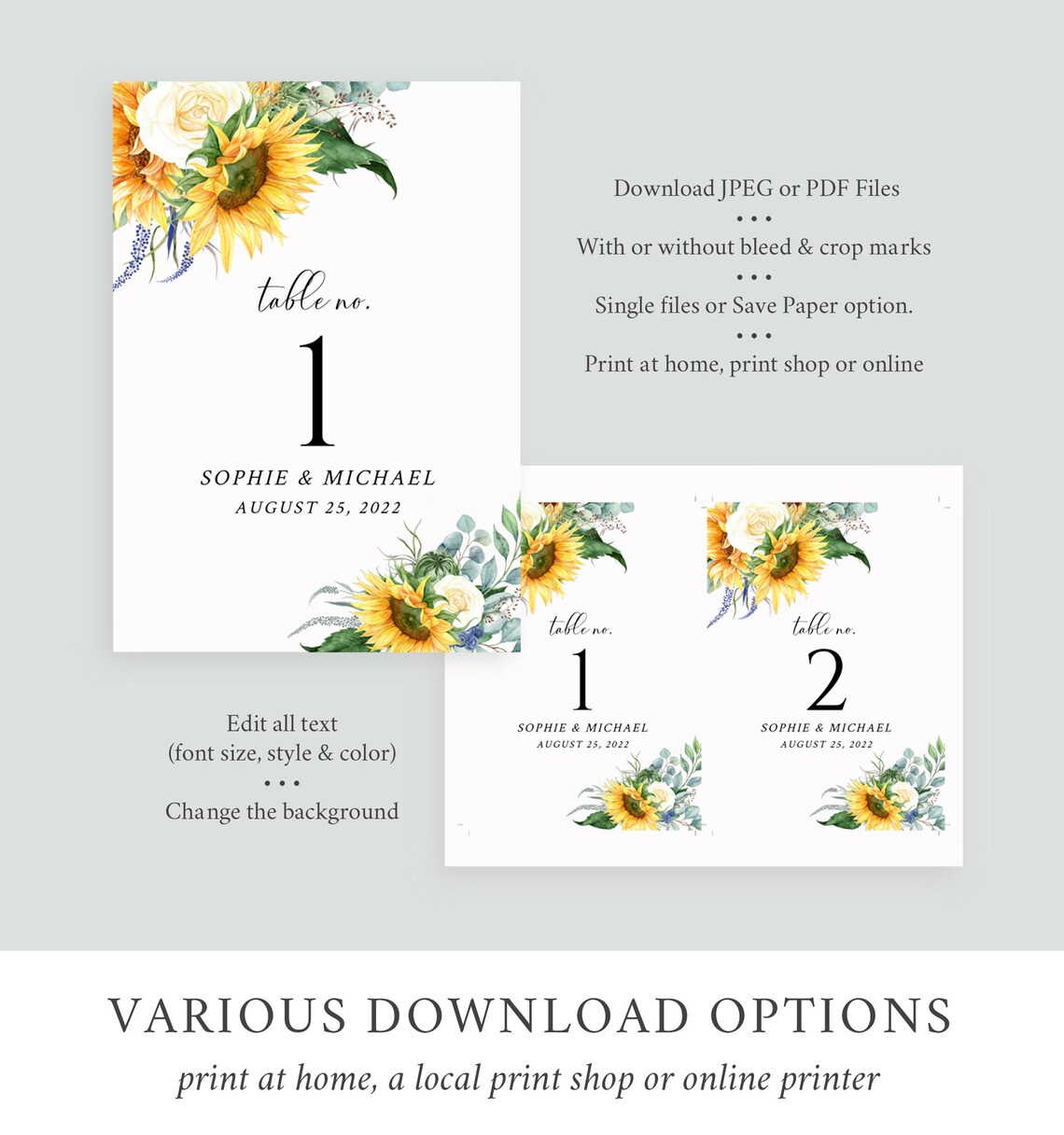 Sunflower Editable Table Numbers, Printable Yellow Floral Table Numbers ...