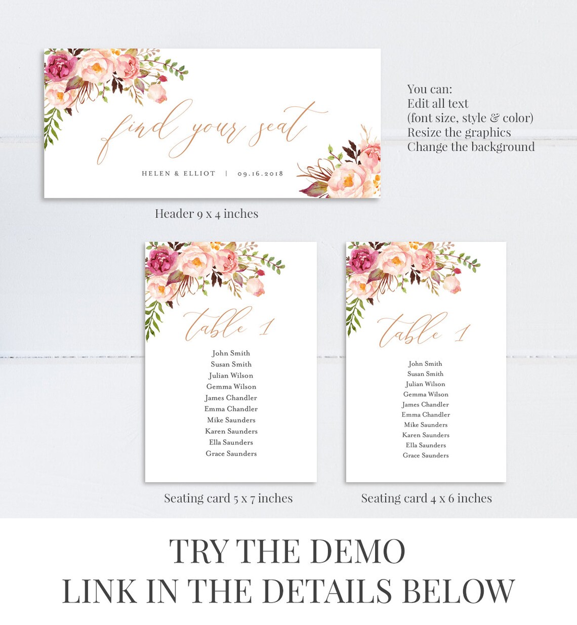 Rose Gold Boho Editable Seating Chart Template Pink Floral - Etsy