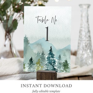 Mountains Editable Table Numbers, Printable Rustic Table Numbers ...