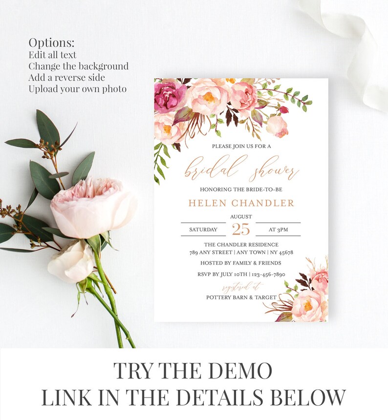 Rose Gold Editable Bridal Shower Invitation Pink Floral | Etsy