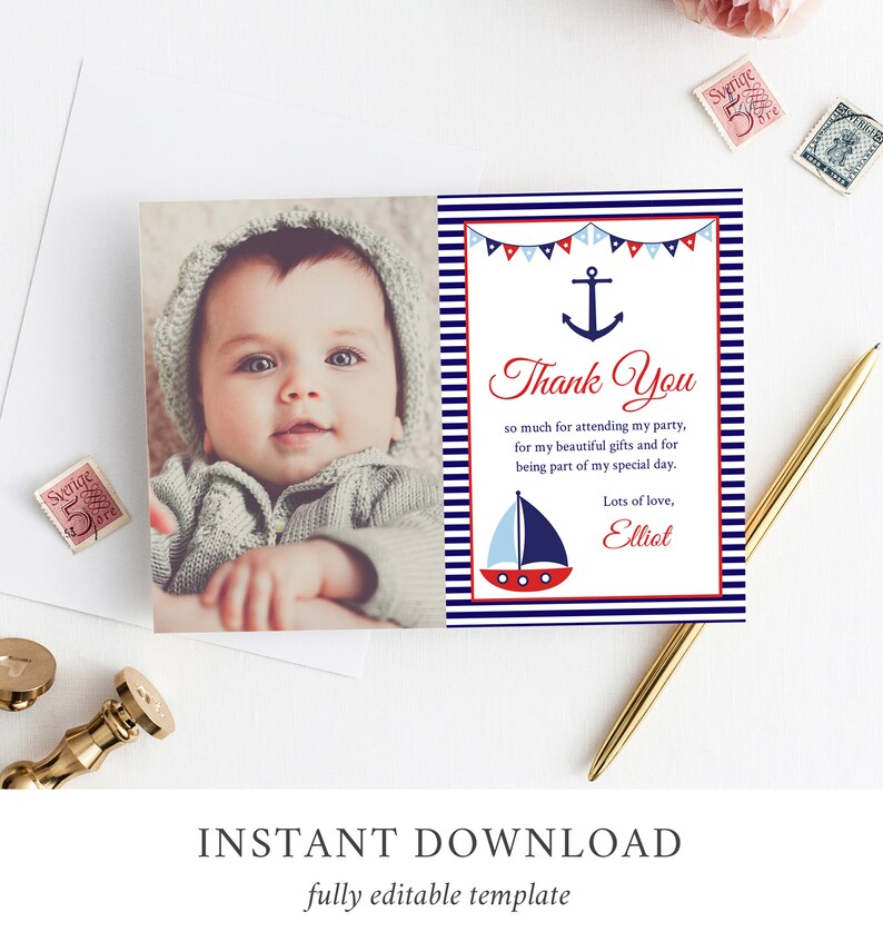 Nautical Printable Photo Thank You Card, Editable Boat Anchor Thank You ...