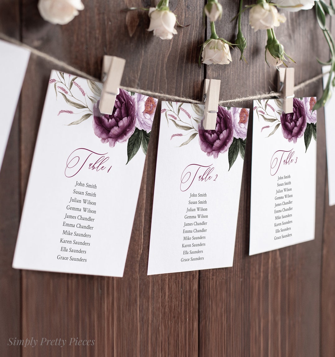 Purple Floral Editable Seating Chart Template, Plum Lilac Hanging Table ...