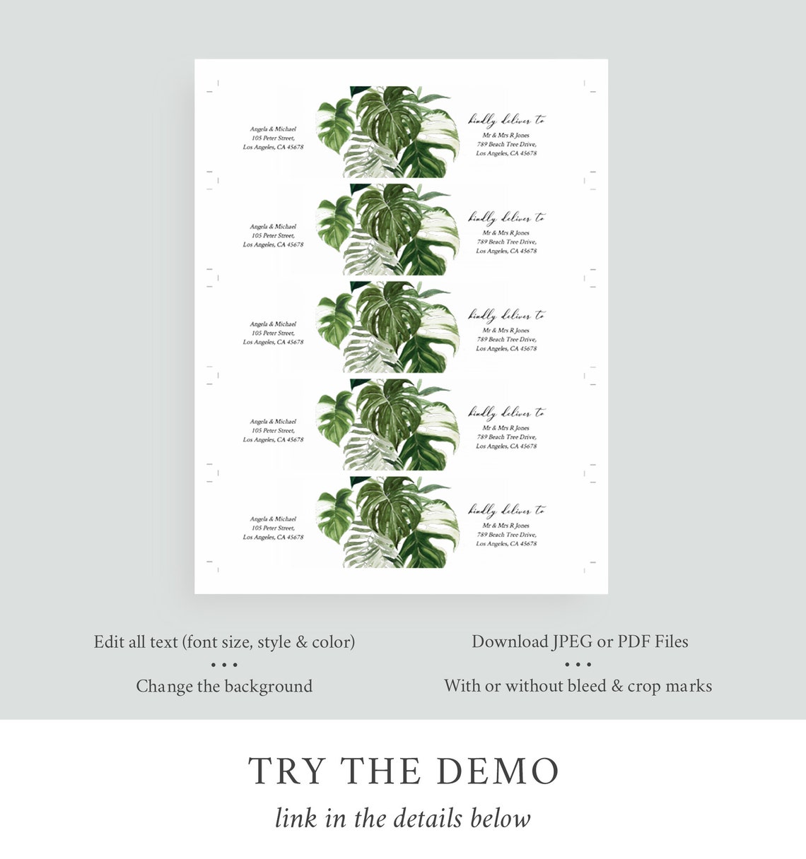 Monstera Editable Wrap Around Address Label Template, Printable ...