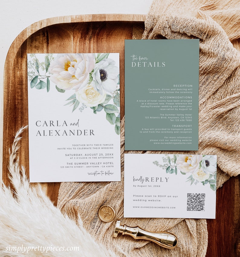 Peony Wedding Invite Set QR Code RSVP Sage Wedding Invitation - Etsy