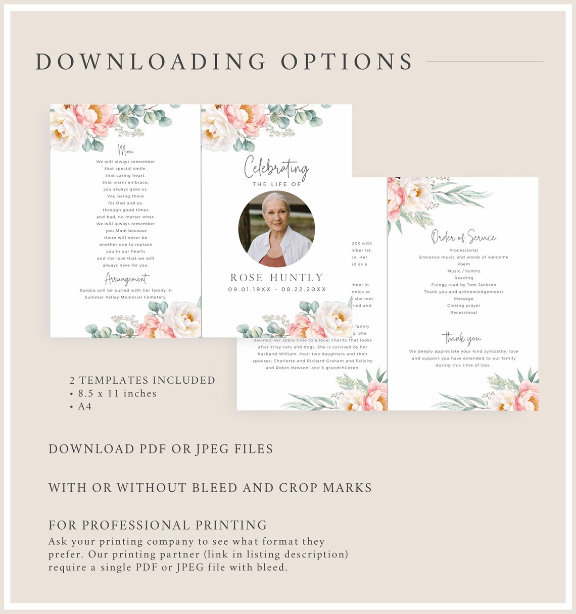 Peony Funeral Booklet Program Woman, Foldable Memorial Service Program ...