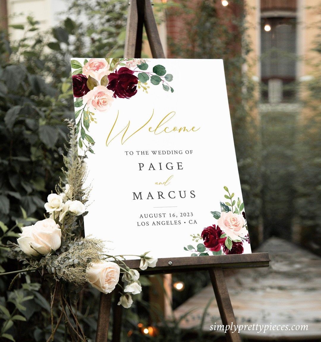 Editable Burgundy Blush Wedding Welcome Sign, Merlot Sign, Unlimited ...