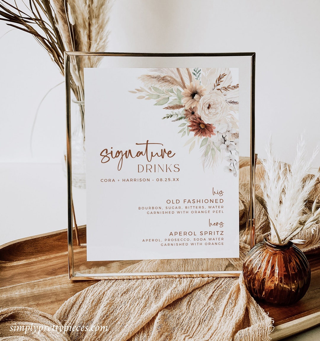 Boho Signature Drinks Sign, Editable Pampas Grass Cocktails Sign ...