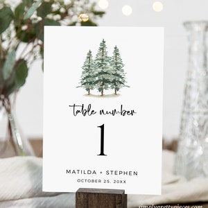 Editable Woodland Table Numbers, Printable Modern Evergreen Pine ...