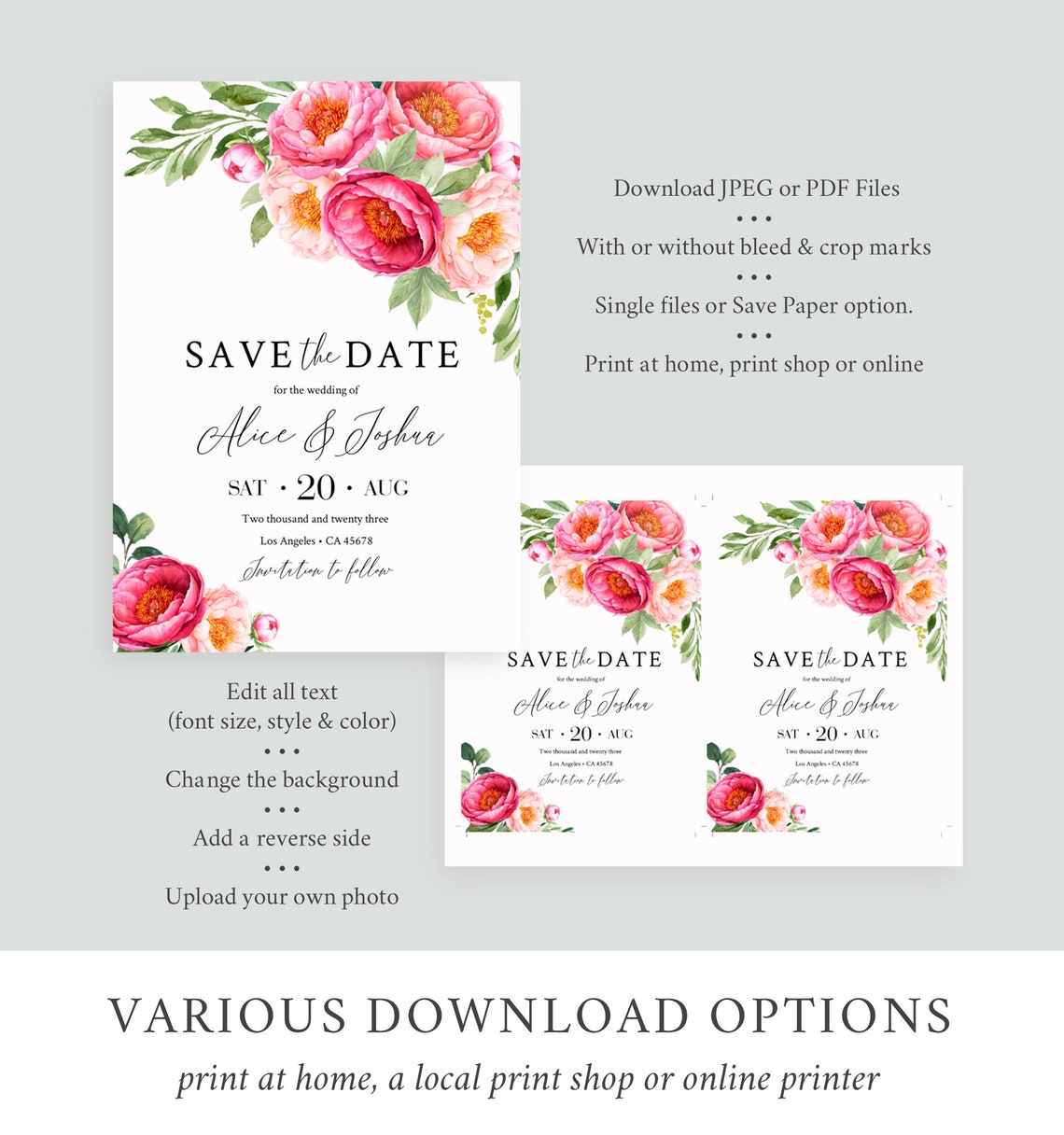 Coral Fuchsia Peonies Floral Editable Save the Date Printable - Etsy