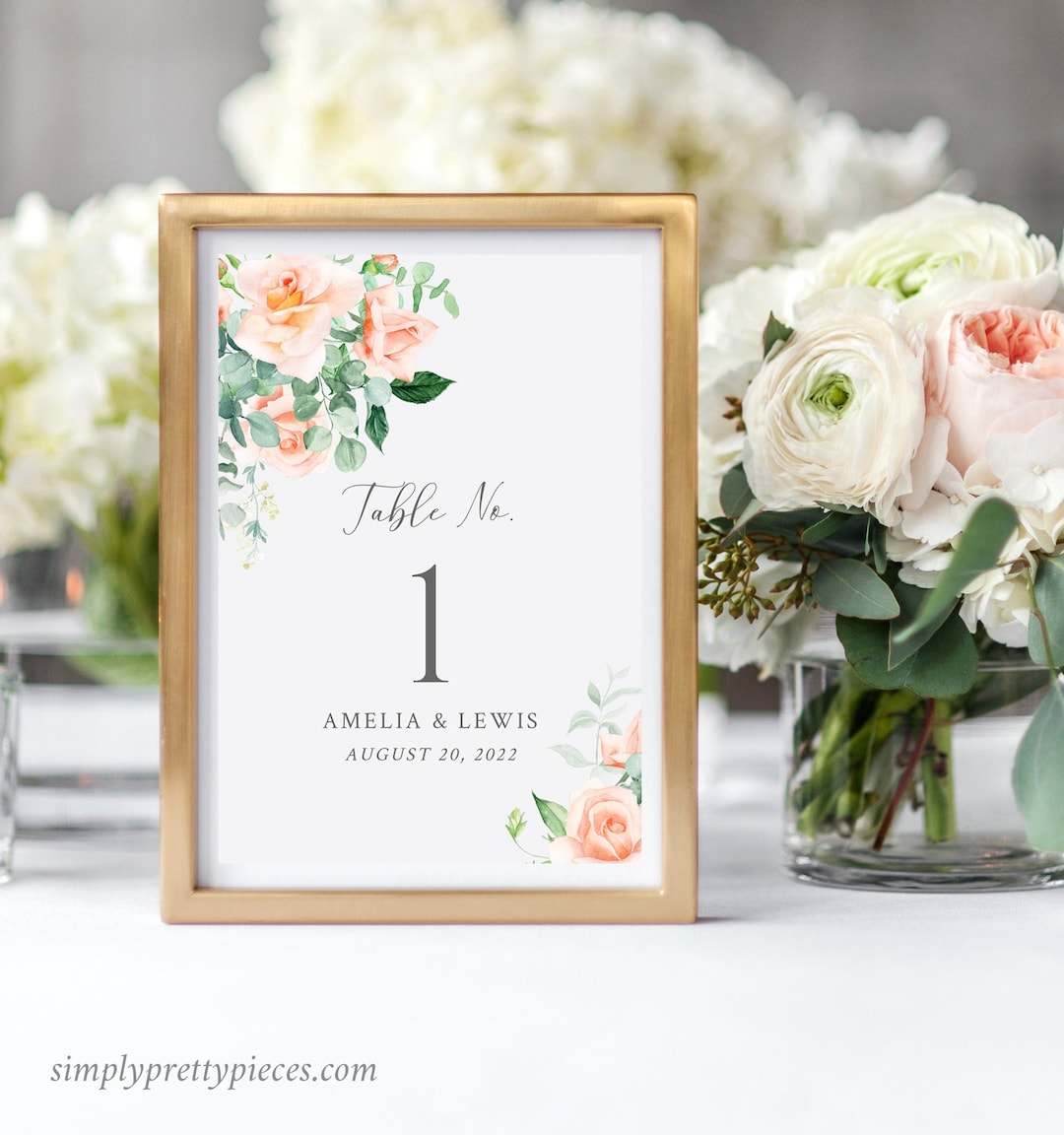 Peach Rose Editable Table Numbers, Printable Peach Floral Table Numbers ...