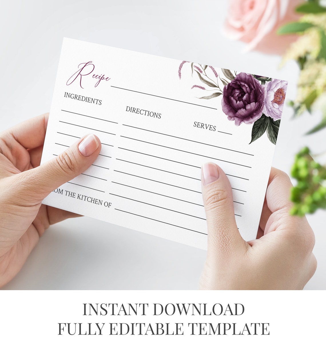 Purple Plum Lilac Floral Editable Recipe Card Recipe Card DIY - Etsy