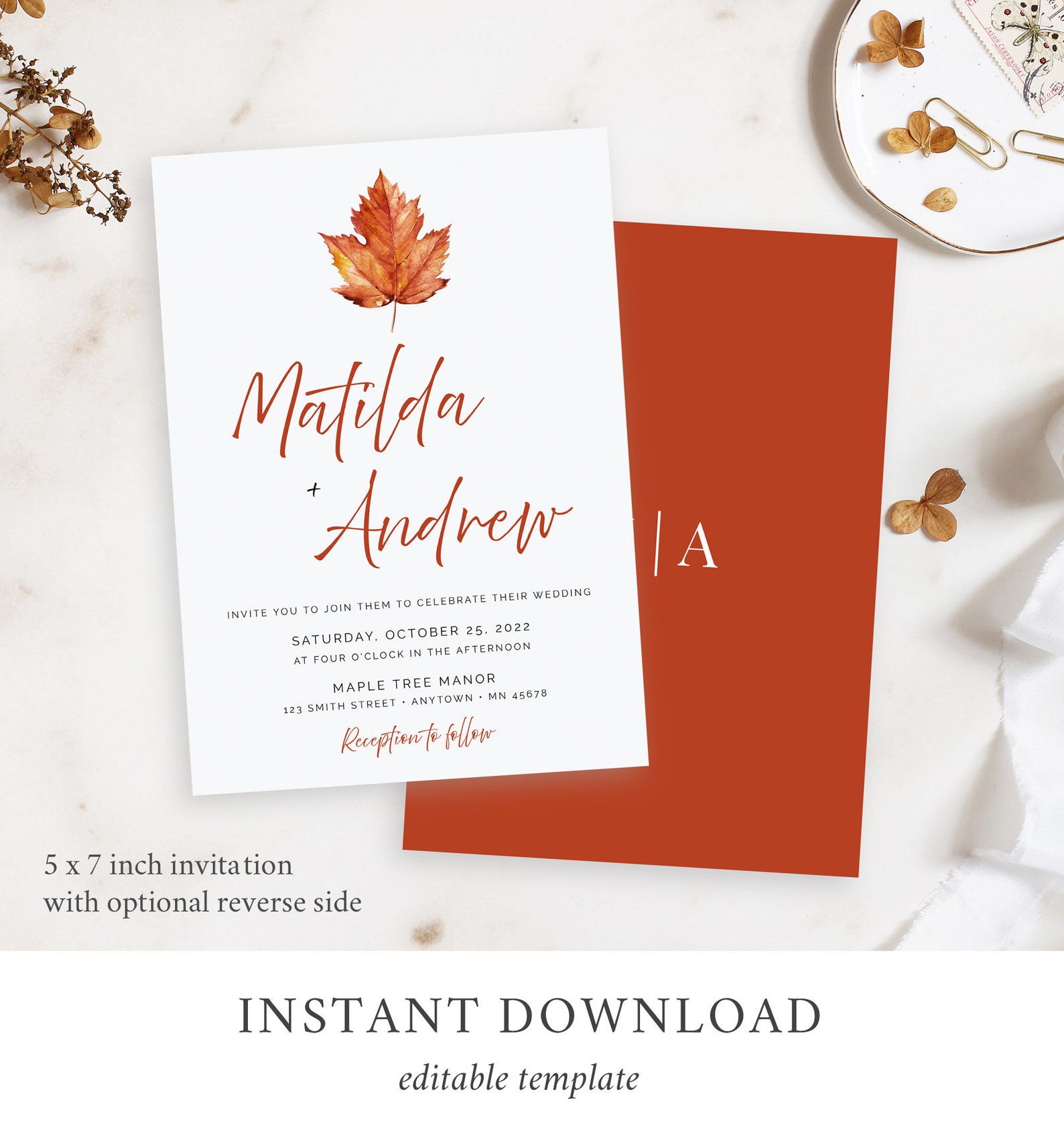 Fall Maple Leaf Editable Modern Wedding Invitation Suite - Etsy