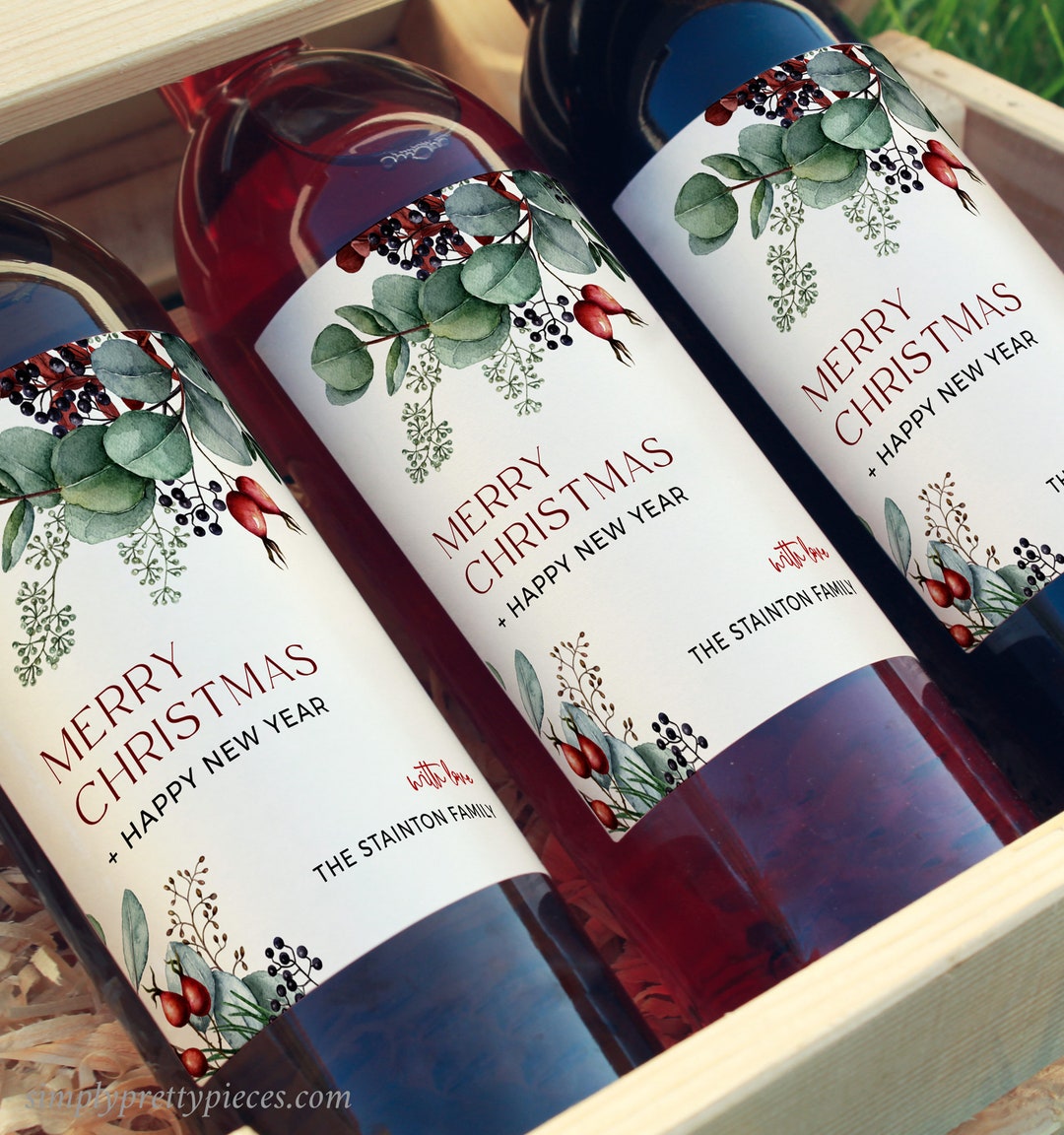 Christmas Wine Bottle Editable Label, Printable Winter Foliage Full ...
