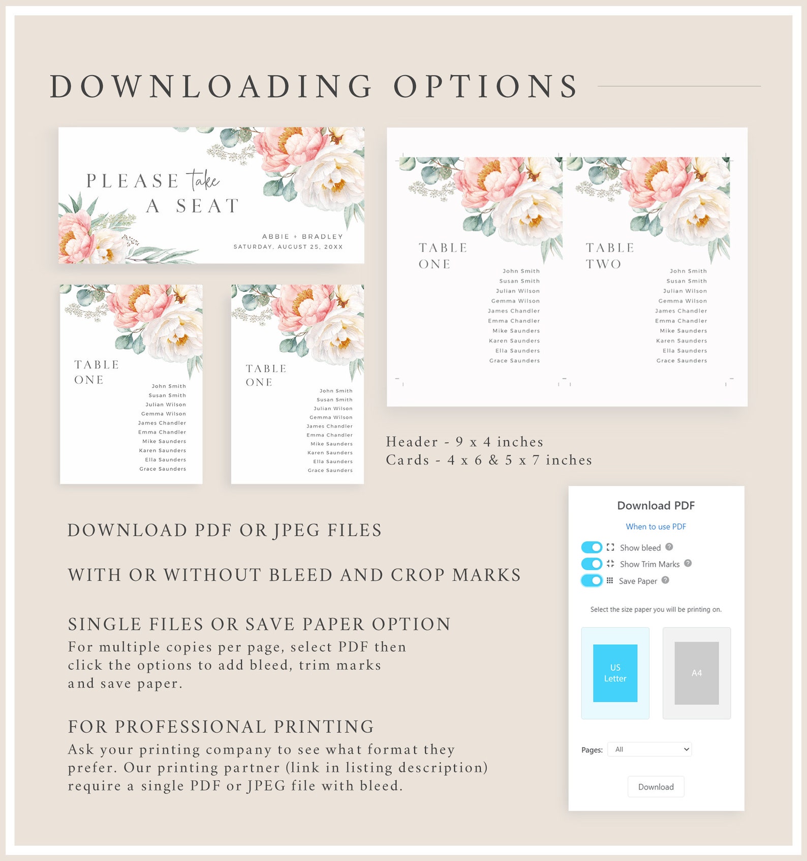 Peony Wedding Seating Chart, Peonies Wedding Seating Plan, Blush ...