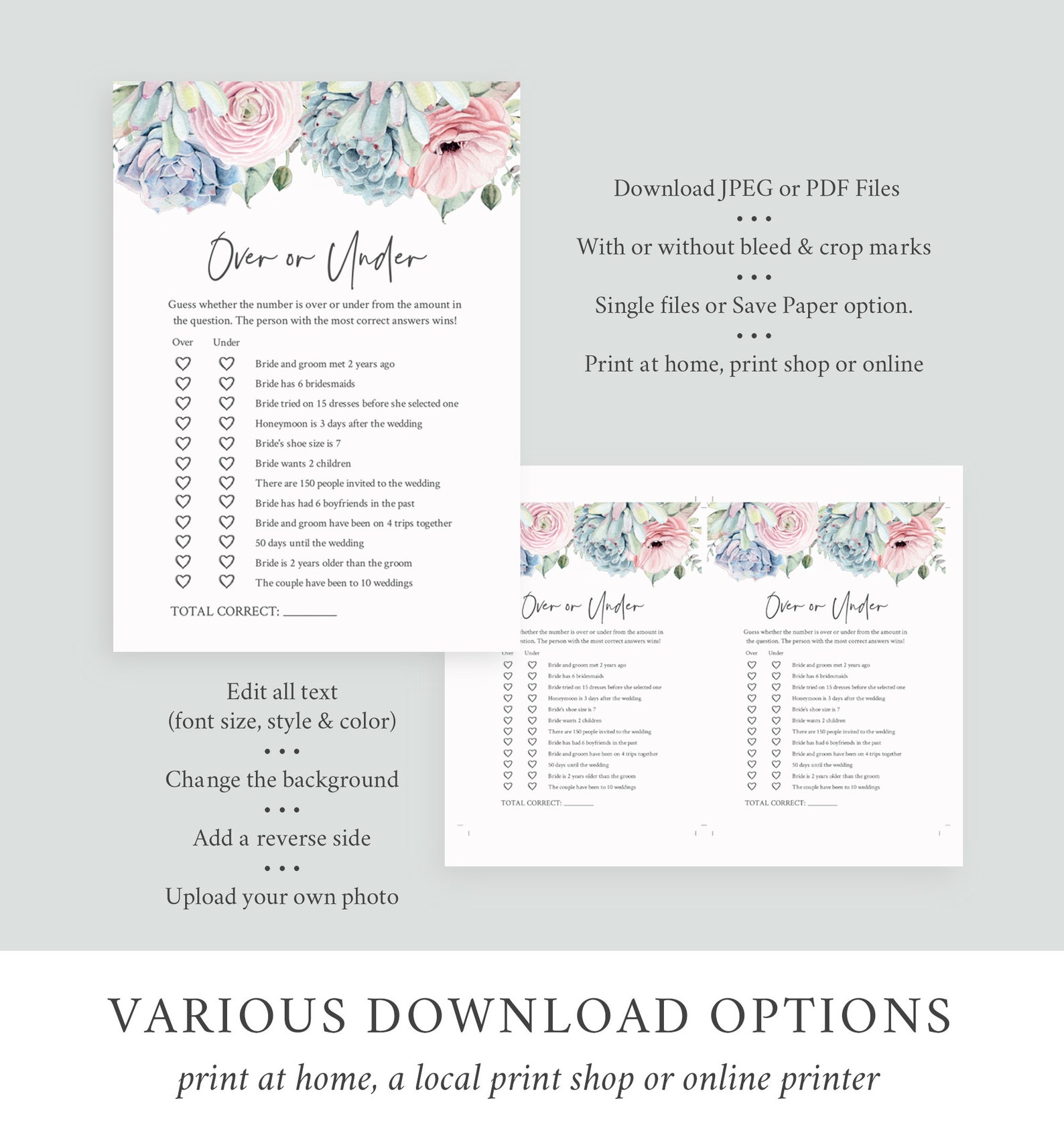 Editable Succulent Over or Under Game Boho Cactus Printable - Etsy