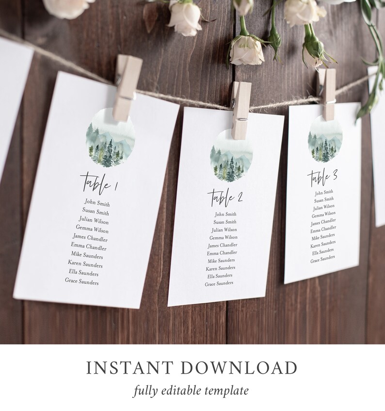 Mountains Editable Seating Chart Template, Rustic Woodland Hanging ...