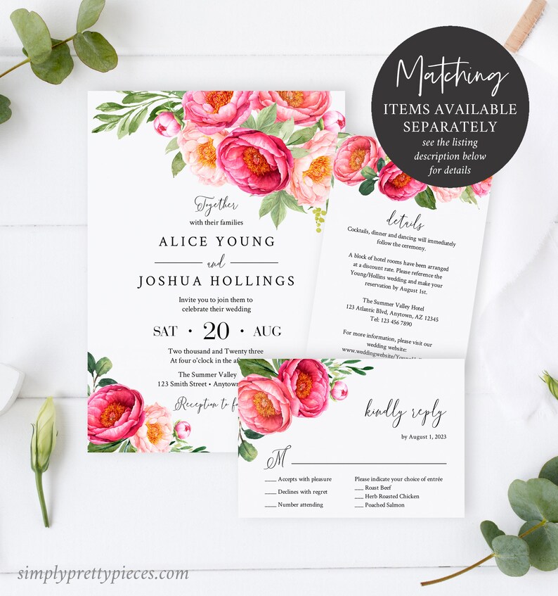 Fuchsia Coral Blush Floral Editable Menu, Peonies Table Wedding Menu ...