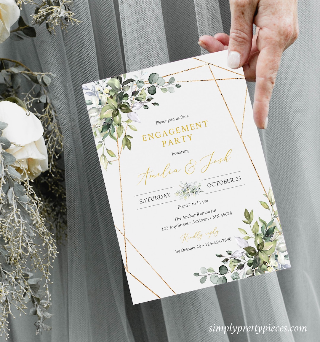 Editable Greenery Gold Geometric Engagement Party Invitation, Foliage ...