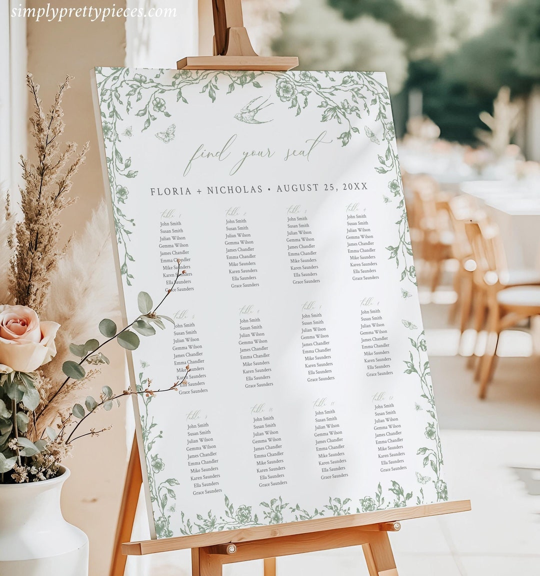 Sage Green Toile Wedding Seating Chart, Chinoiserie Table Plan Poster ...
