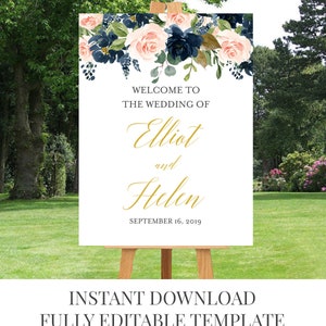 Gold Navy Blush Editable Wedding Bundle, Printable Pink Invitation ...
