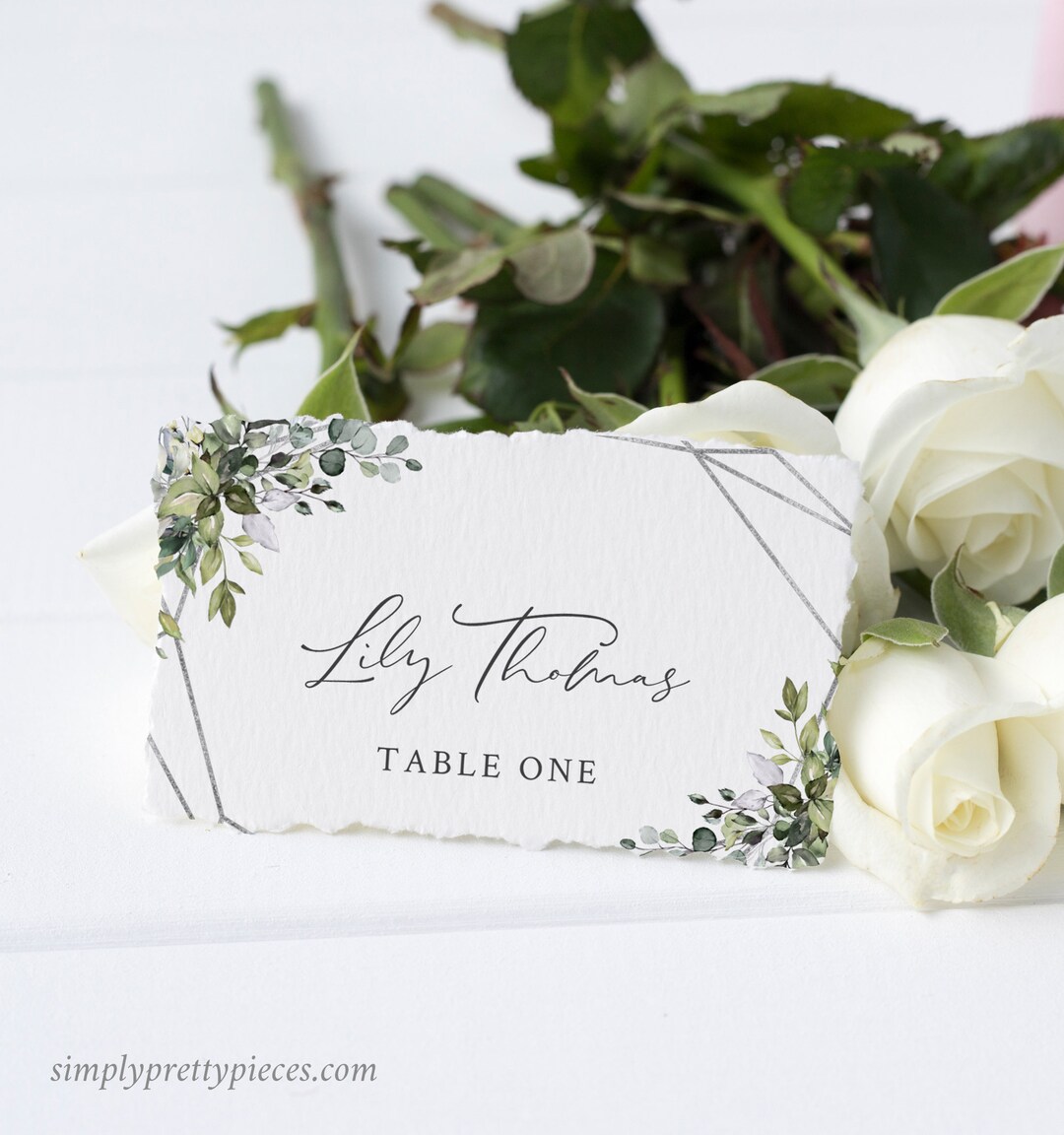 Greenery Geometric Editable Place Cards, Foliage Seating Cards ...