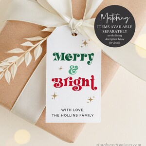 Retro Round Christmas Gift Tags, Merry & Bright Holiday Favor Tags ...