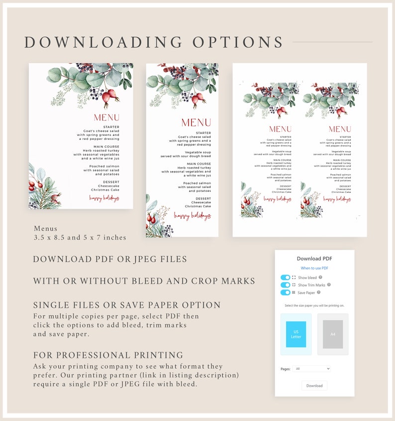 Editable Christmas Menu Template Modern Winter Foliage - Etsy