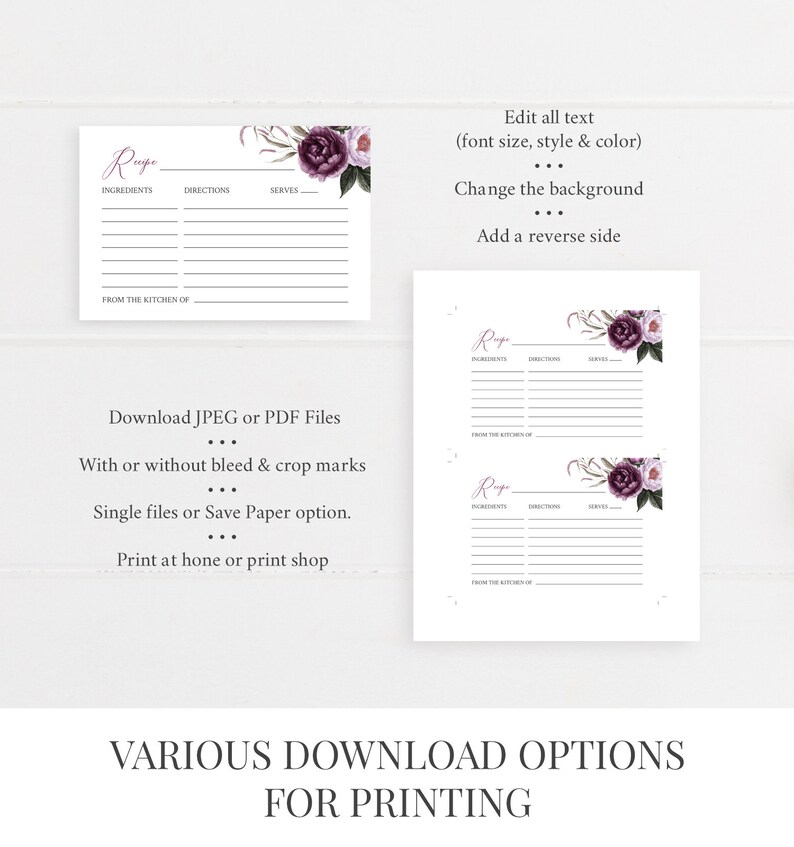 Purple Plum Lilac Floral Editable Recipe Card Recipe Card DIY - Etsy