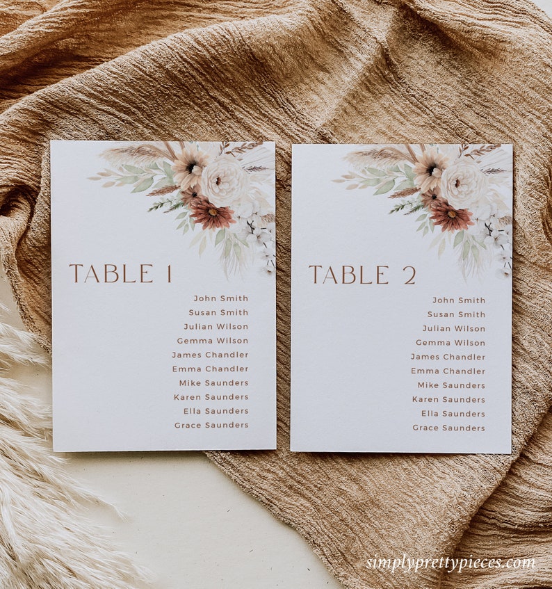 Editable Bohemian Seating Chart Template, Pampas Grass Dried Flower ...