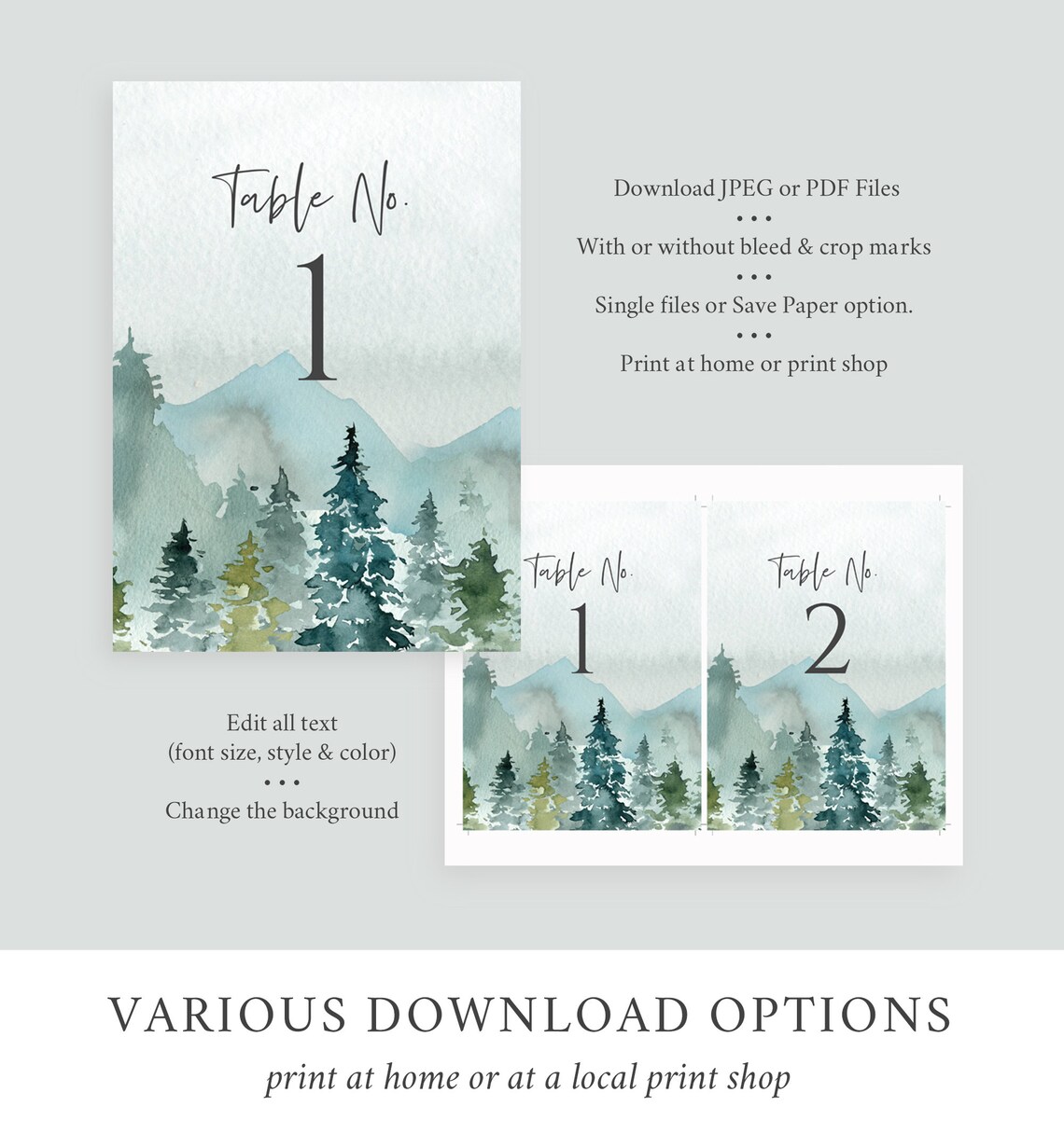 Mountains Editable Table Numbers, Printable Rustic Table Numbers ...