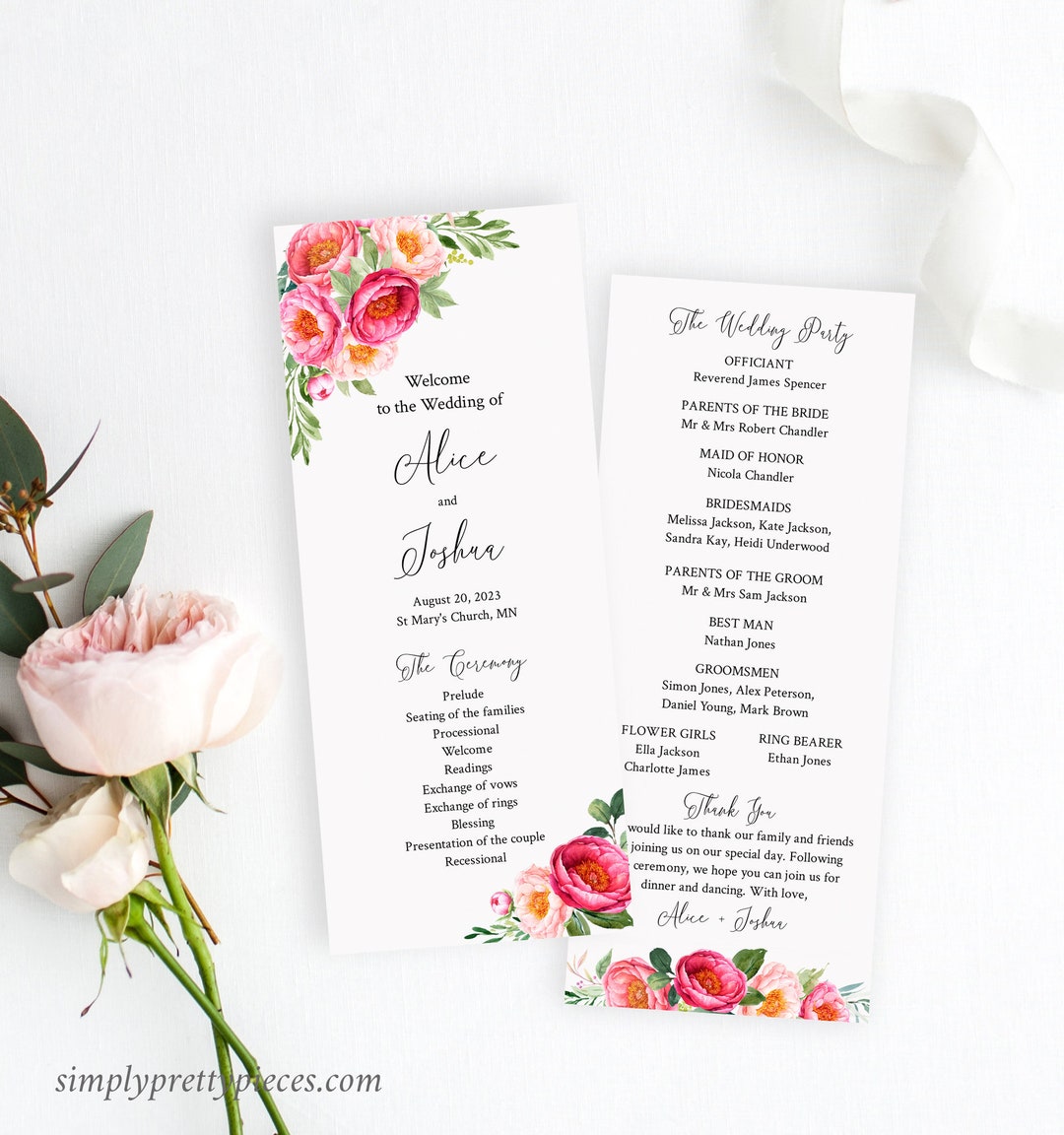 Fuchsia Coral Editable Wedding Program, Pink Floral Program, Blush ...