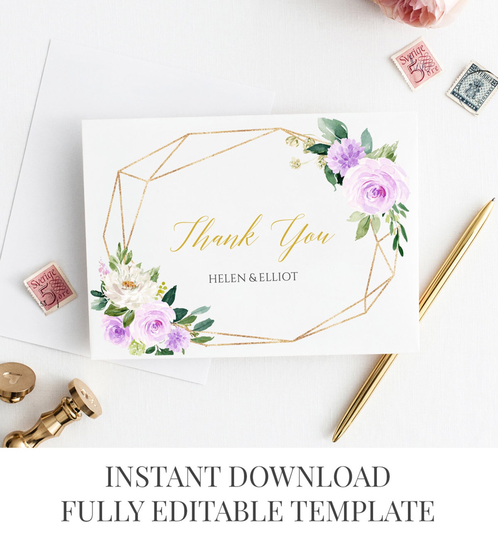 Lilac Gold Geometric Editable Wedding Bundle, Printable Invitation ...
