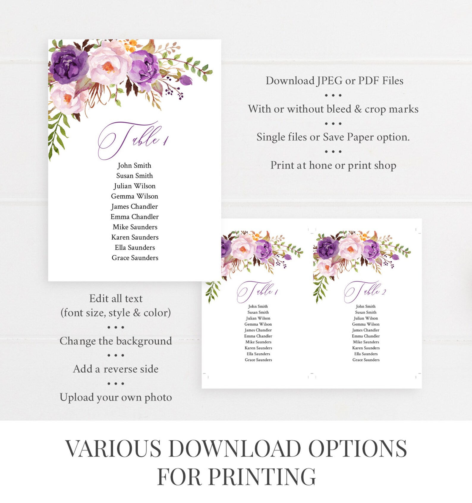 Purple Floral Editable Seating Chart Template, Lavender Boho Hanging ...