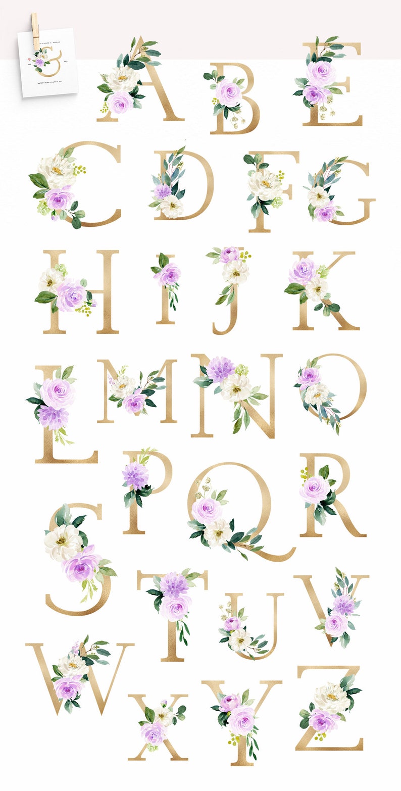 Purple Gold Monogram Boho Printable Wall Art Floral Monogram - Etsy