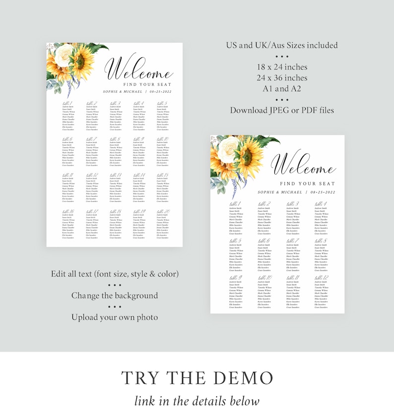 Sunflower Editable Table Plan Yellow Floral Wedding Printable - Etsy