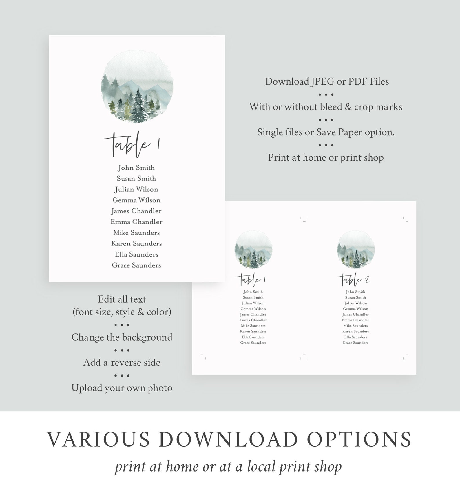 Mountains Editable Seating Chart Template, Rustic Woodland Hanging ...