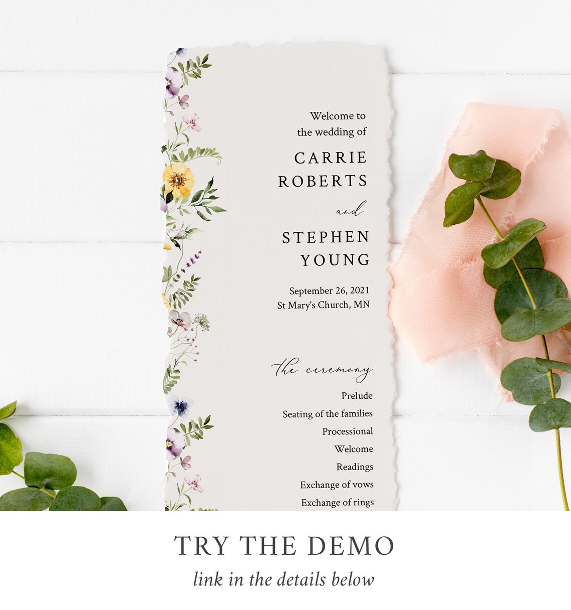 Wildflower Editable Wedding Program Green Purple Floral - Etsy