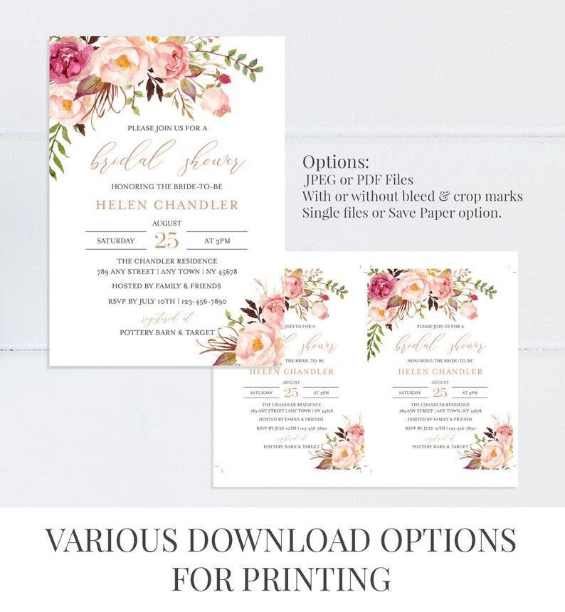 Rose Gold Editable Bridal Shower Invitation Pink Floral | Etsy