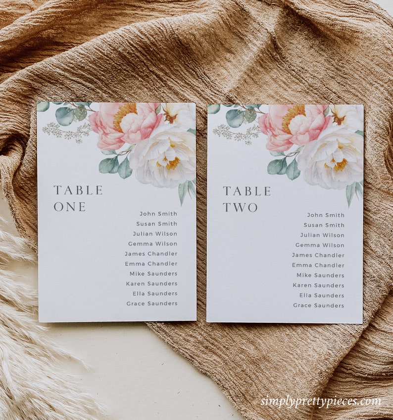 Peony Wedding Seating Chart, Peonies Wedding Seating Plan, Blush ...