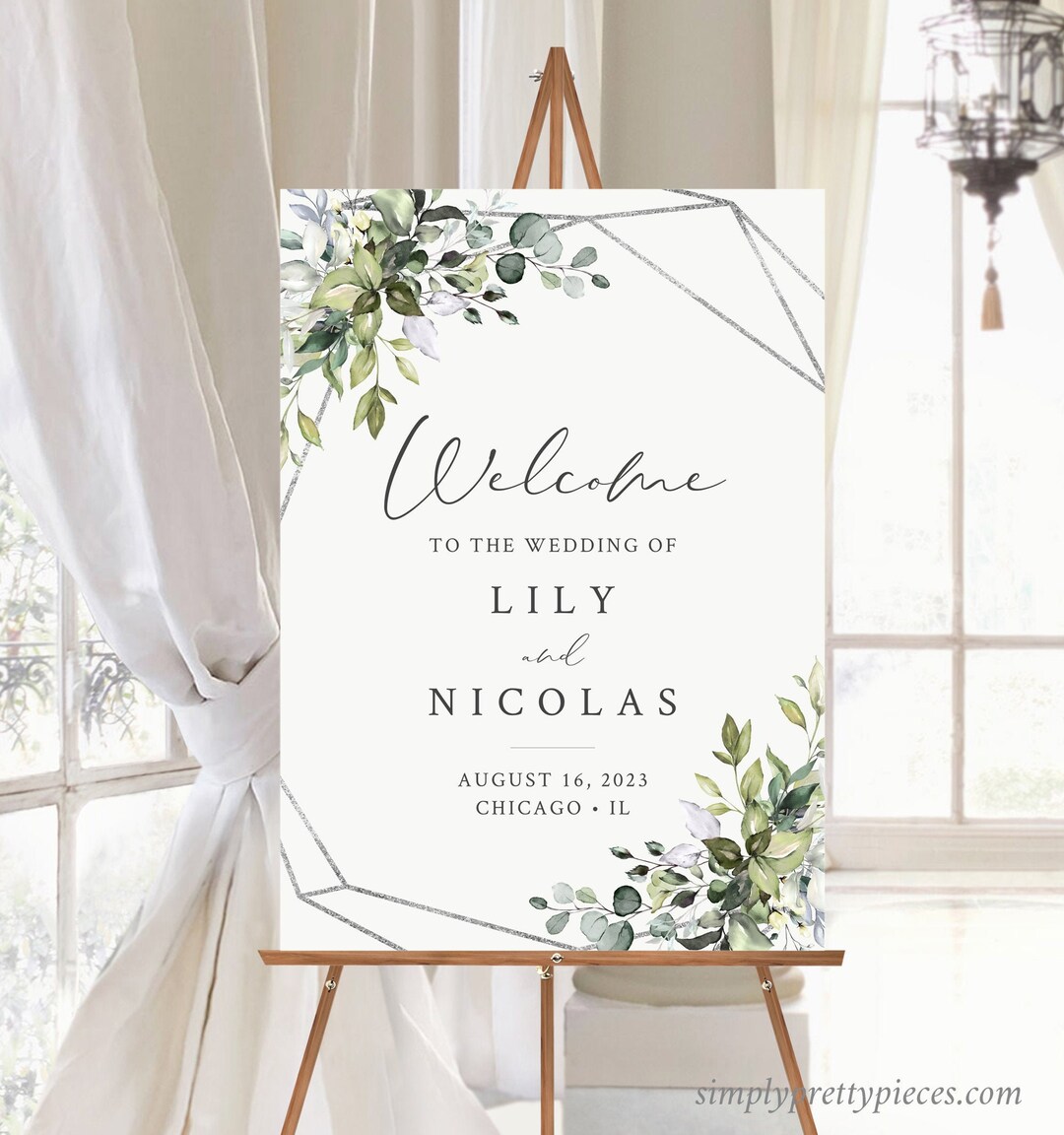 Greenery Silver Geometric Editable Wedding Welcome Sign, Foliage ...