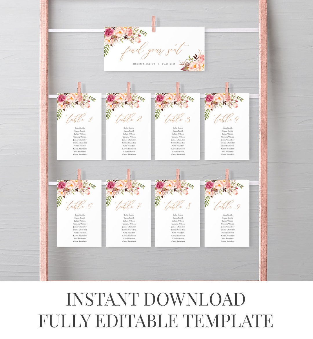 Rose Gold Boho Editable Seating Chart Template, Pink Floral Hanging ...