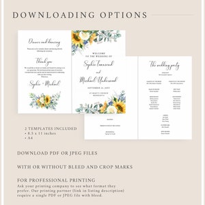 Sunflower Editable Booklet Program, Foldable Yellow Floral Wedding ...