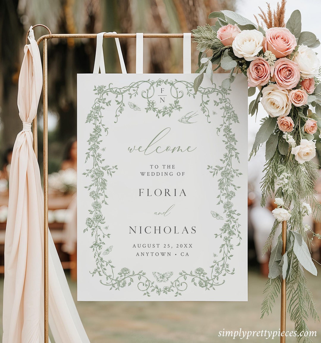 Sage Green Chinoiserie Welcome Poster Template, Toile De Jouy Wedding ...