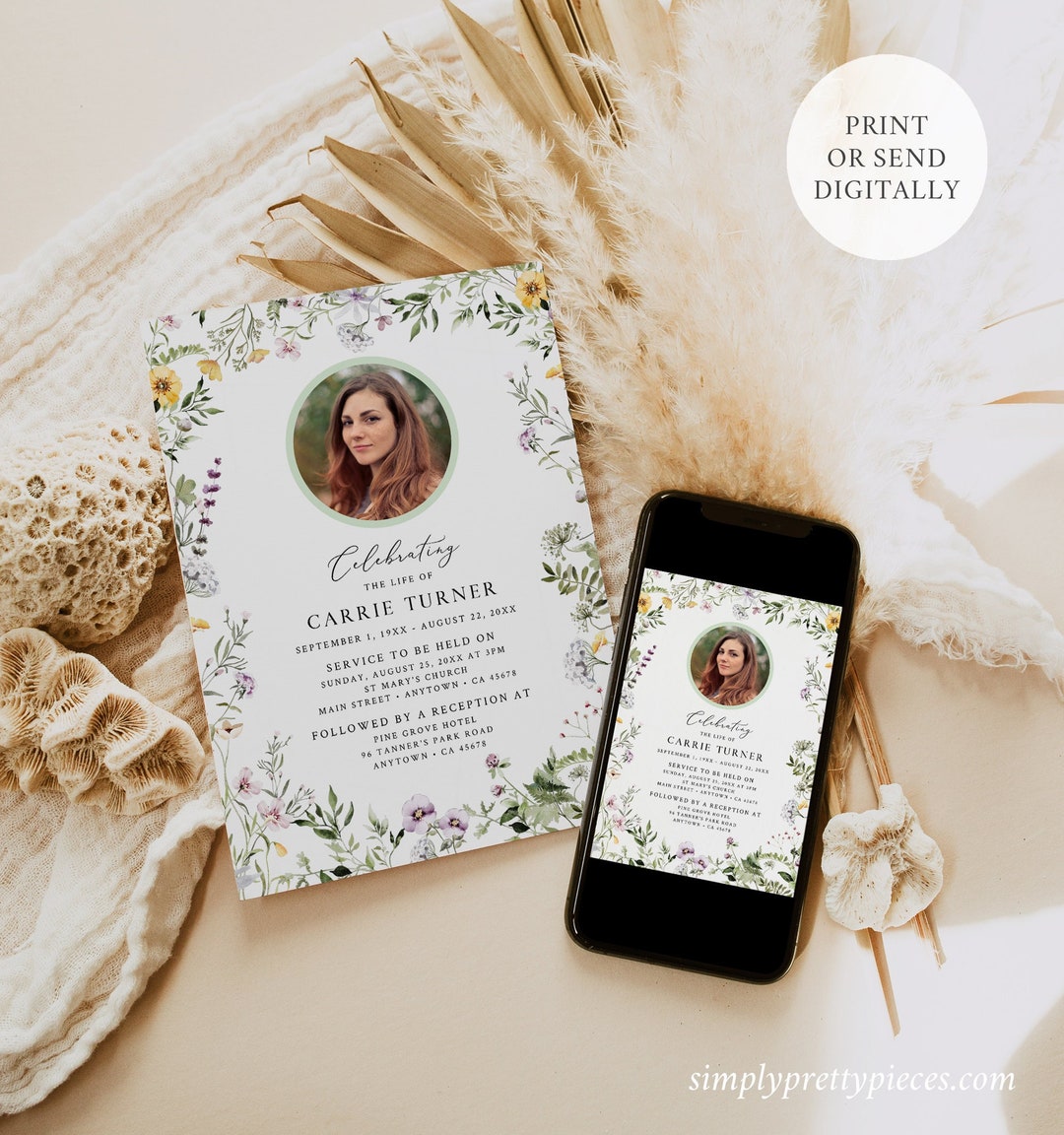 Wildflower Funeral Announcement for a Woman, Funeral Invitation ...