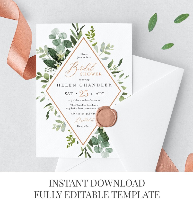 Greenery Rose Gold Editable Bridal Shower Invitation - Etsy