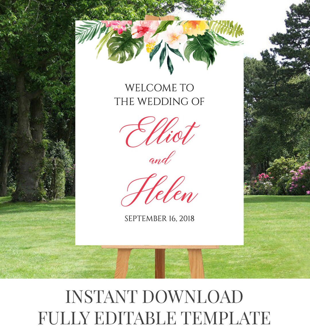 Tropical Floral Leaves Editable Welcome Sign, Pink Hibiscus Unlimited ...