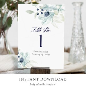 Navy Silver Gray Floral Editable Table Numbers, Printable Winter ...